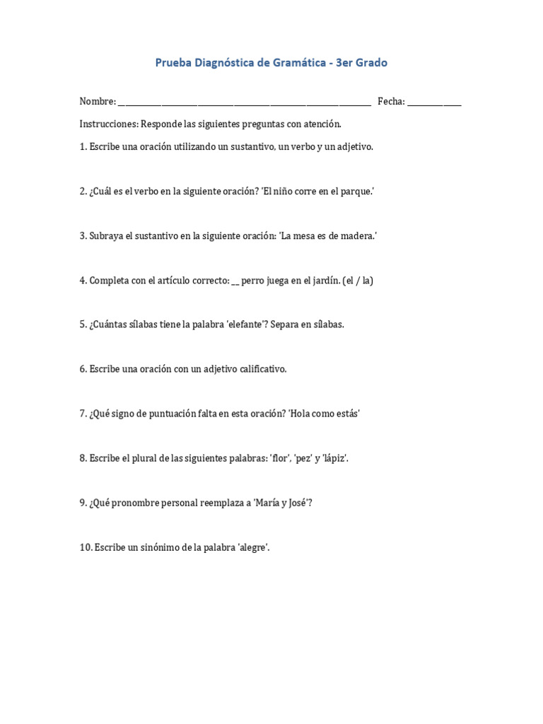 Prueba Diagnostica Gramatica 3er Grado | PDF