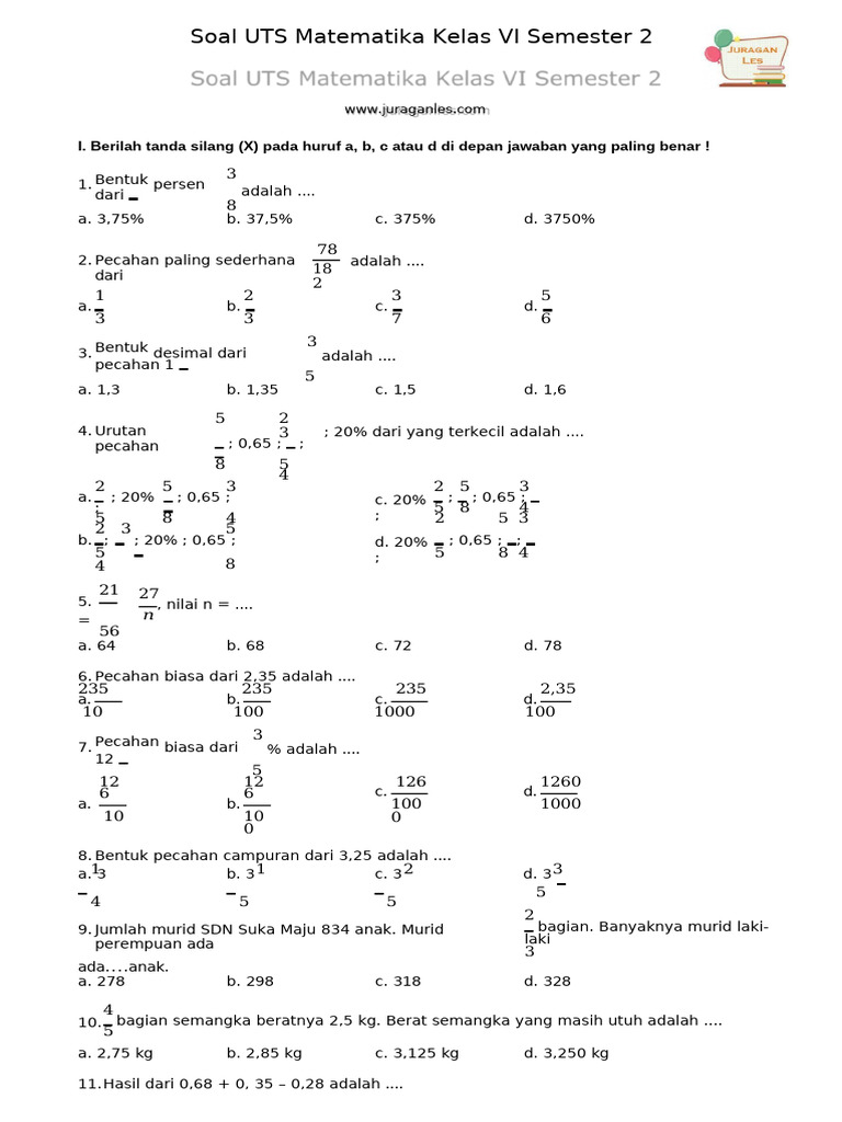 Soal UTS Matematika Kelas 6 Semester 2 Update | PDF