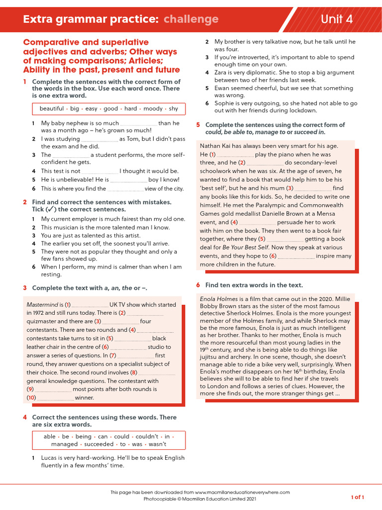 Level5 U4 Extra Grammar Practice Challenge | PDF | Adjective | Linguistics