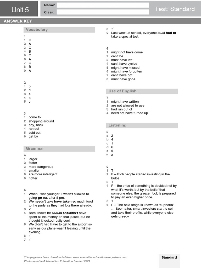 Level5 U5 Test Standard Answer Key | PDF