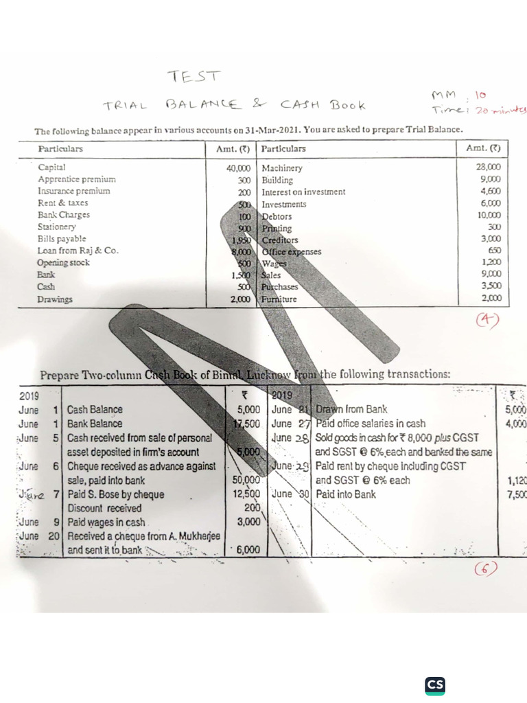 Test - Cash Book & Trial Balance | PDF