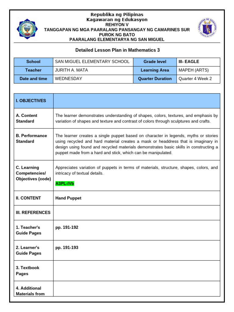 Detailed-Lesson-Plan-in-MAPEH ARTS - 3 | PDF | Puppets