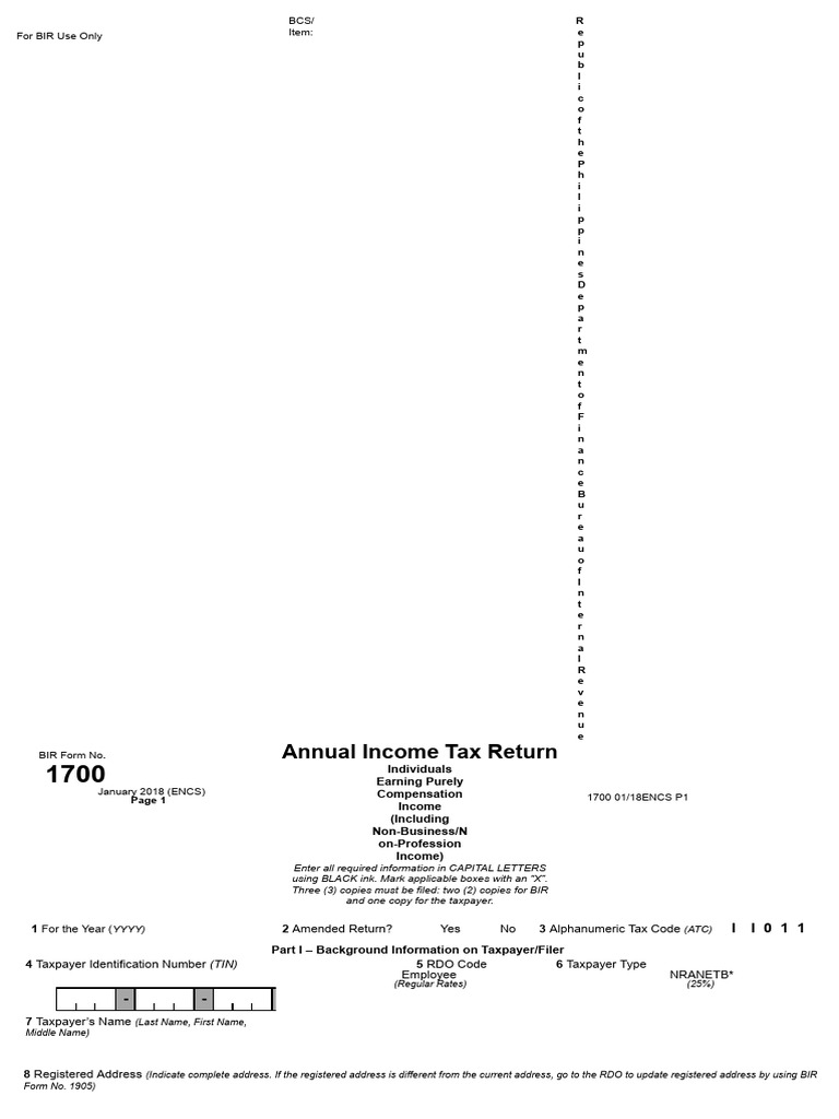 Philippines BIR Form 1700: Income Tax Return | PDF | Taxes | Flat Tax