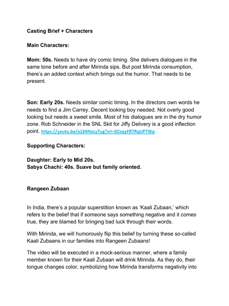 Mirinda Kaali Zubaan Script + Casting Brief | PDF