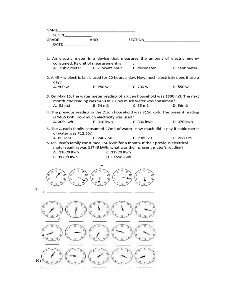 Math 6 Worksheet Reading Electric Meter 1 | PDF