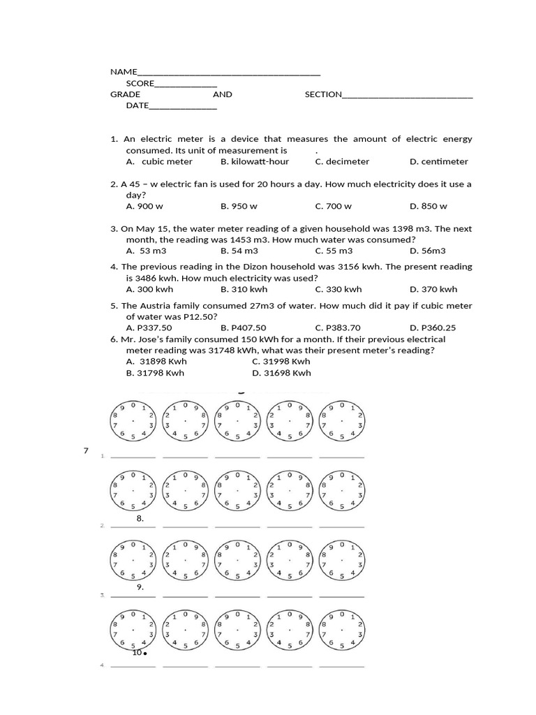 Math 6 Worksheet Reading Electric Meter | PDF
