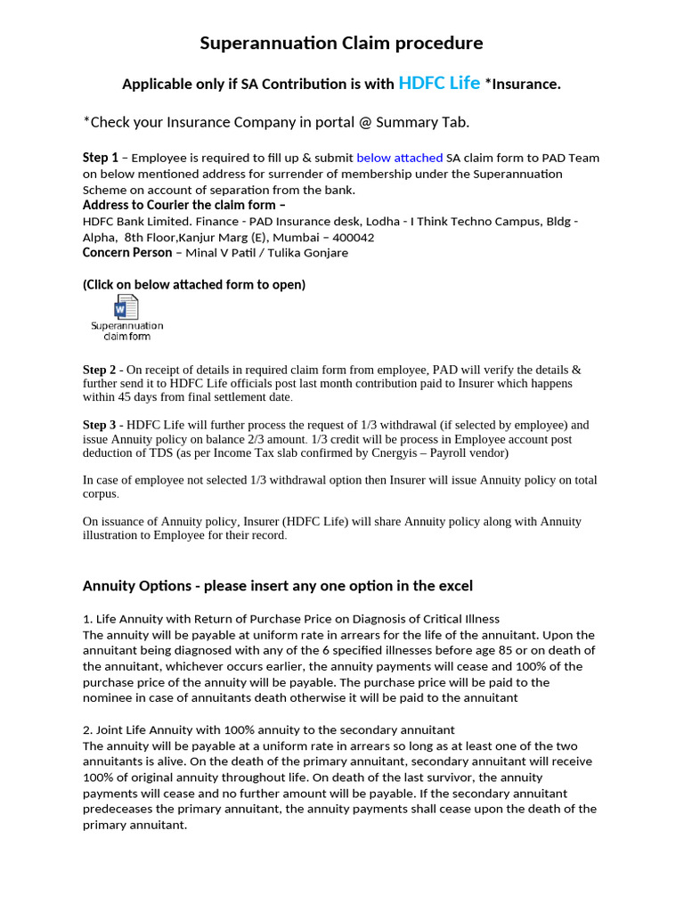 Superannuation Claim Form & Procedure - HDFC Life - V1 | PDF | Life ...