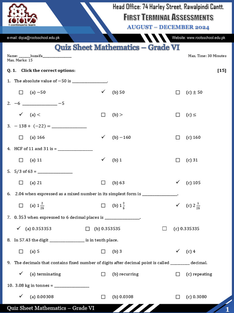 Mathematics-Quiz-6 Aug-Dec 2024 Roots | PDF | Mathematical Notation ...