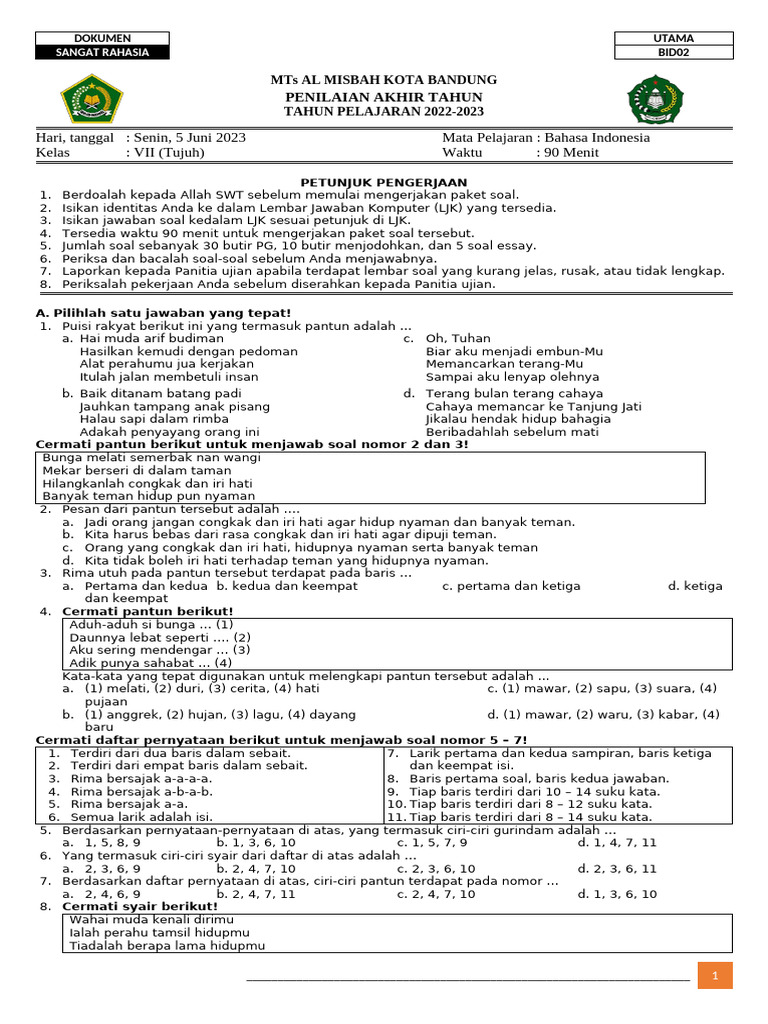 SOAL PAT BINDO 7 22-23 FINALE | PDF