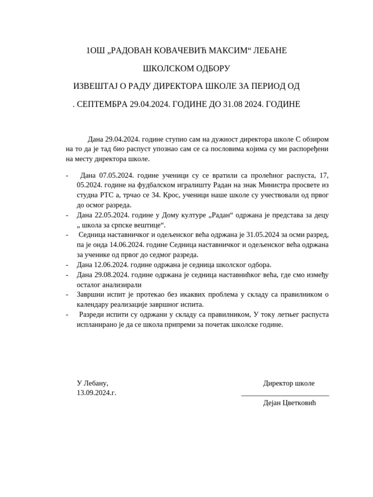 Izvestaj o Radu Direktora 2023-2024.docx Dejan | PDF