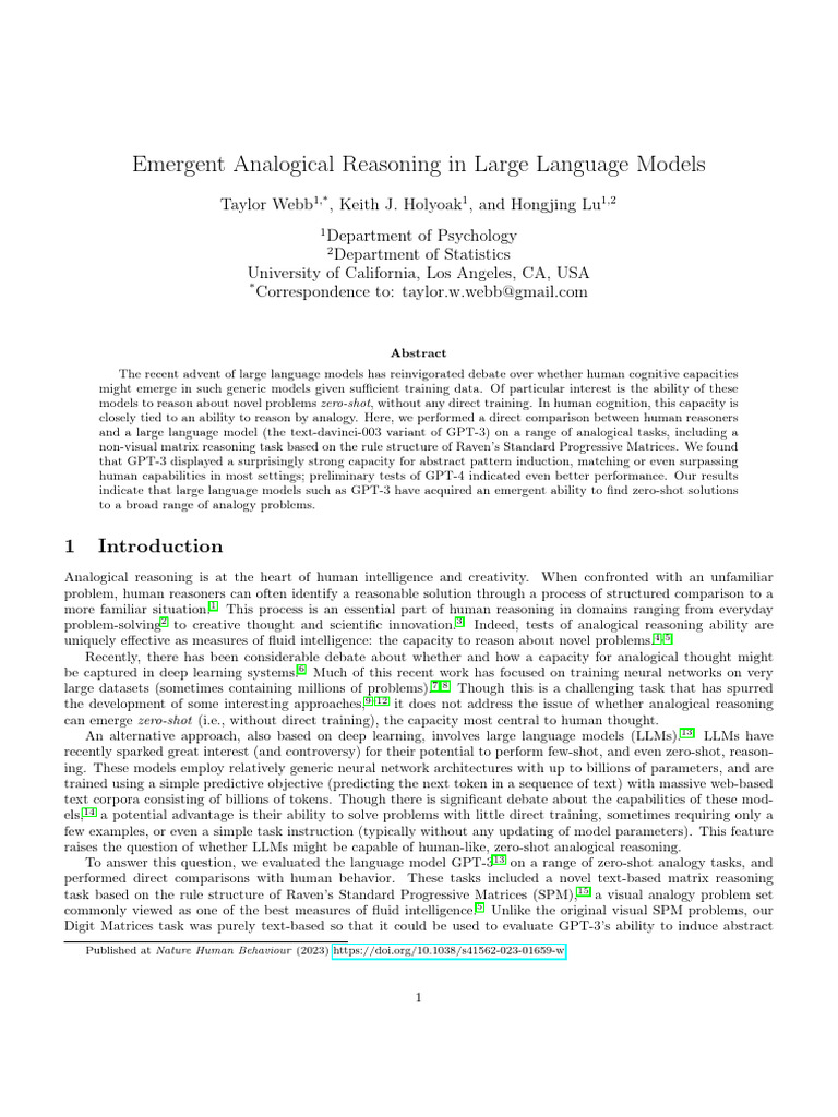 Emergent Analogical Reasoning in LLM | PDF | Analogy | Matrix (Mathematics)