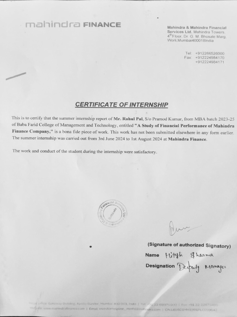 Certificate of Mahindra Finance - Rahul Pal | PDF