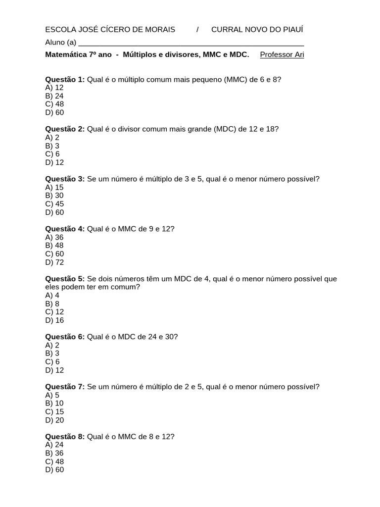 Exercícios de MMC e MDC para 7º Ano | PDF
