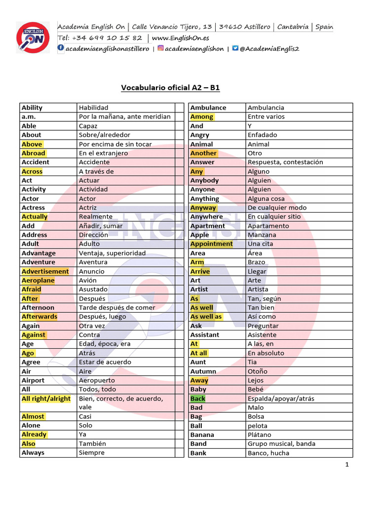 A2 - B1 Vocabulario Oficial Revisado 8 Dic 2024-f59d84c7 | PDF