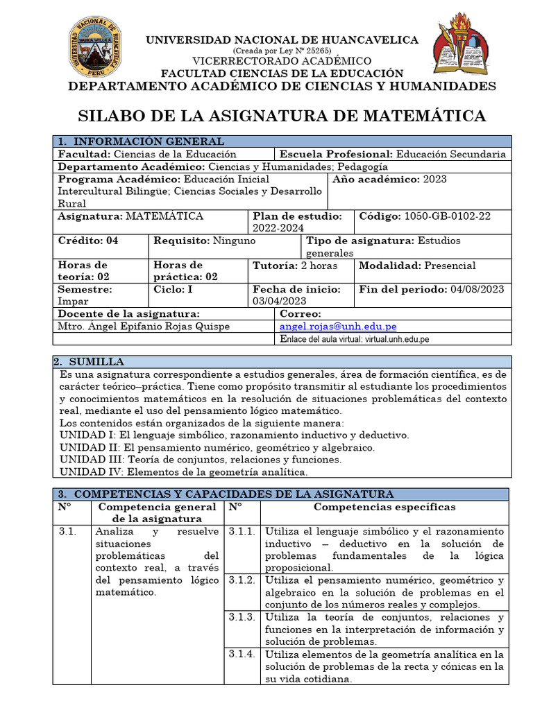 Silabo Matemática 2023 I | PDF | Proposición | Evaluación