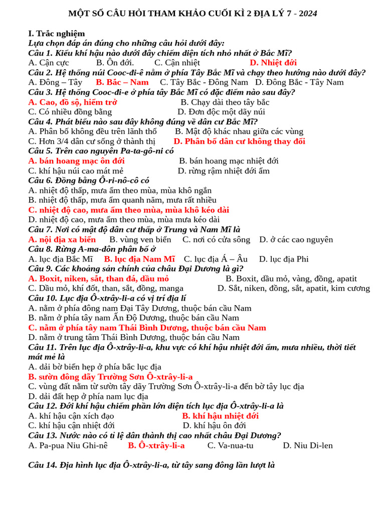 Một Số Nội Dung Tham Khảo Địa Lý 7 Hk2 | PDF