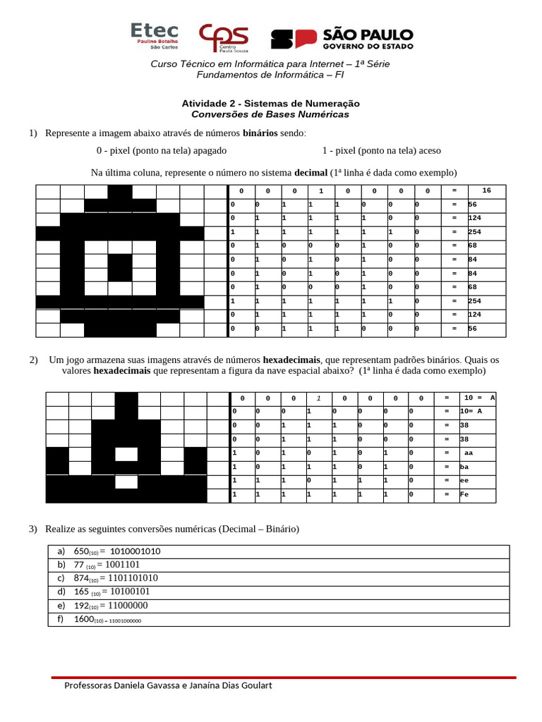 Atividade 2 - Conversões Bases Numéricas | PDF | Notação matemática ...