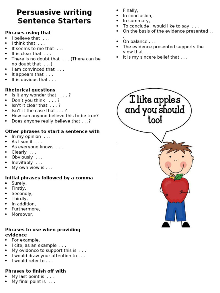 Persuasive Writing Sentence Starters: Phrases Using That | PDF