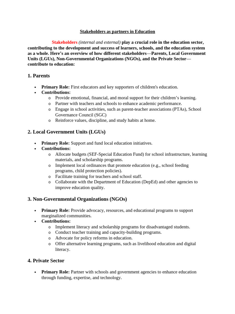Stakeholder Roles in Education Success | PDF | Corporate Social ...