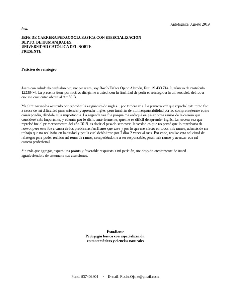 Carta de Reintegro Rocio | PDF