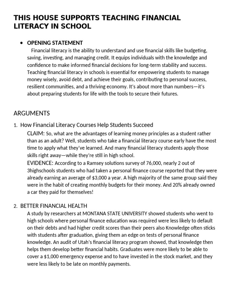 This House Supports Teaching Financial Literacy in School | PDF ...