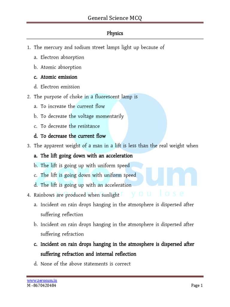 General Science Questions MCQ | PDF | Waves | Light