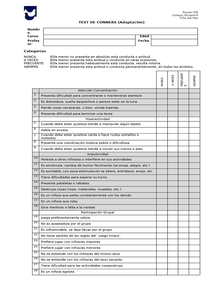 Test de CONNERS (1) | PDF | Desorden hiperactivo y deficit de atencion
