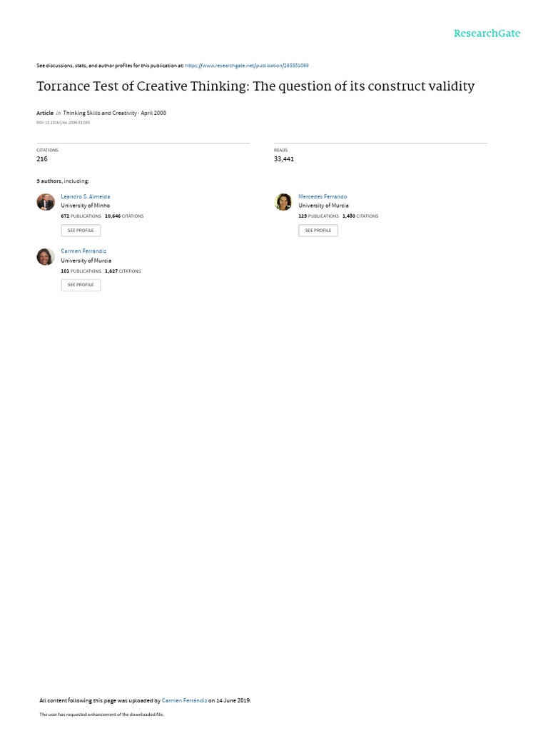 Torrance Test of Creative Thinking The Question of - 1 | PDF ...