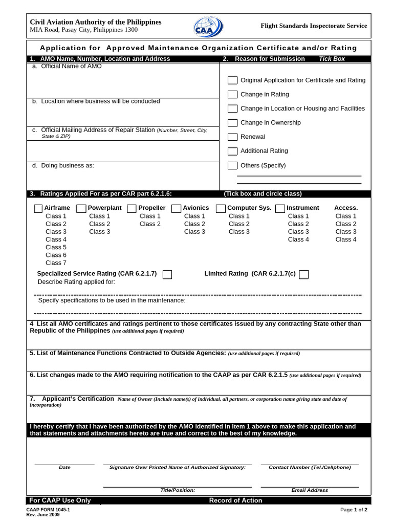 AMO Application Form (1045-1) Latest | PDF | Aviation