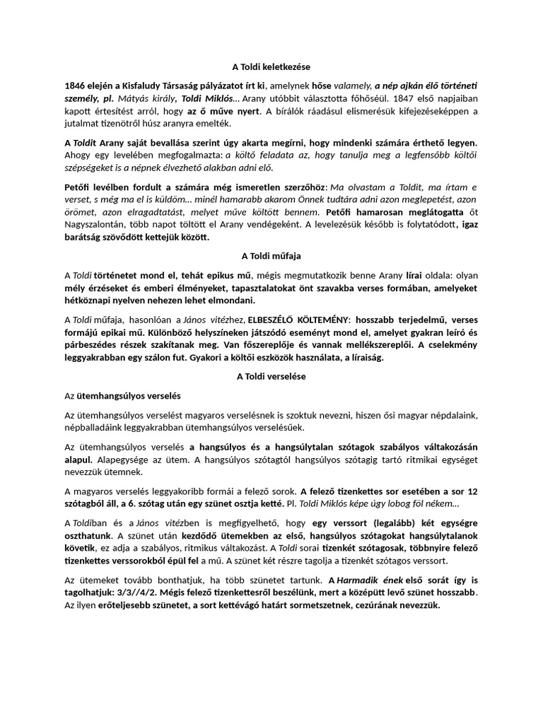 A Toldi Keletkezése (Első 6 Ének) | PDF