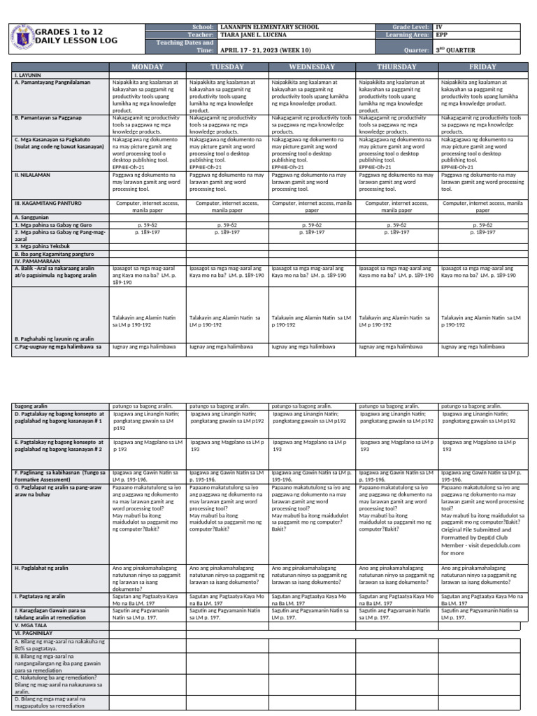 DLL - Epp 4 - Q3 - W10 | PDF