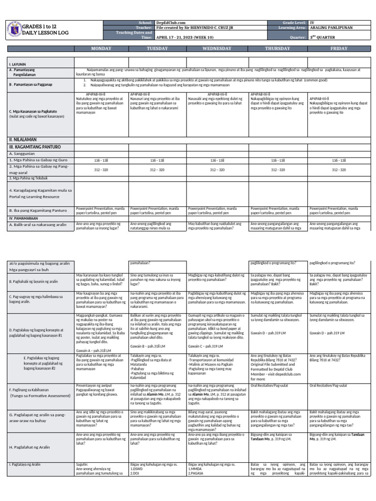 DLL - Araling Panlipunan 4 - Q3 - W10 | PDF
