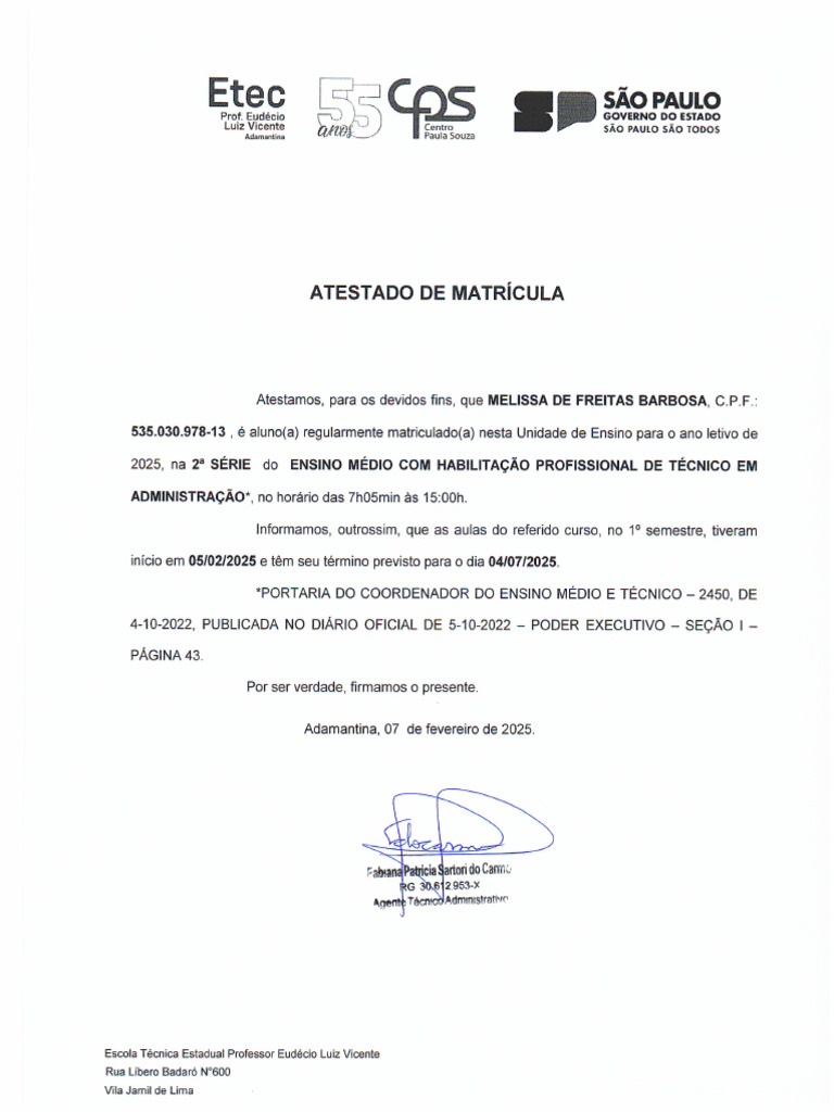 Atestado de Matrícula | PDF
