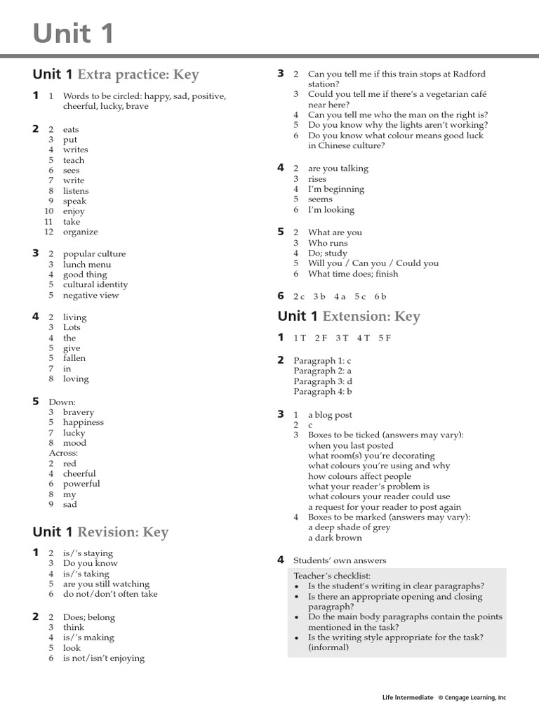 Unit 1 Revision and Practice Keys | PDF