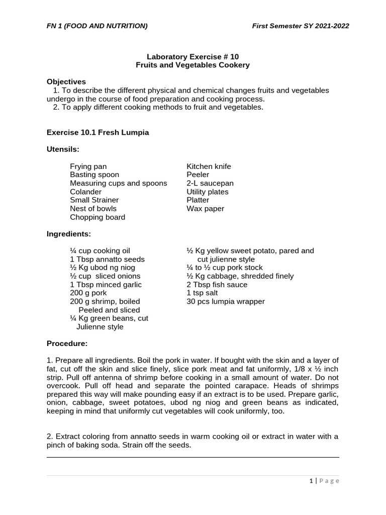 Laboratory Exercise # 10 Fruits and Vegetables Cookery Objectives | PDF ...
