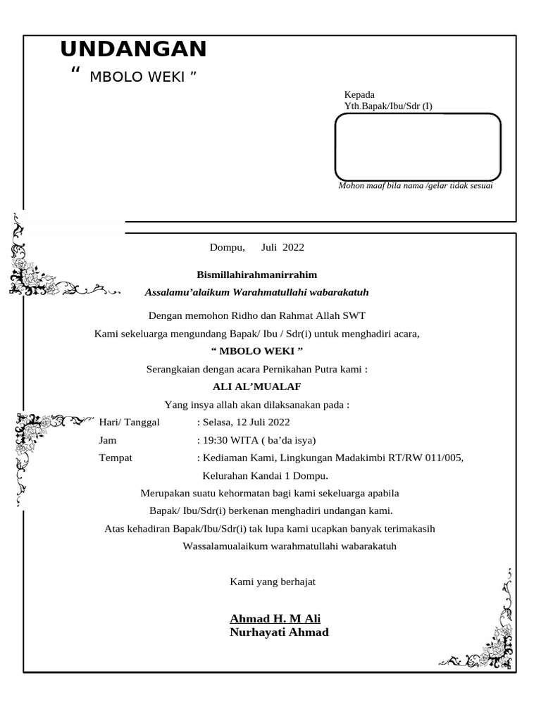 Undangan Mbolo Weki | PDF