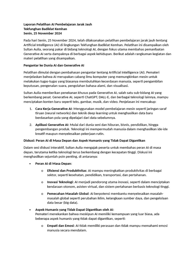 Laporan Pelatihan AI Pembelajaran Jarak Jauh | PDF