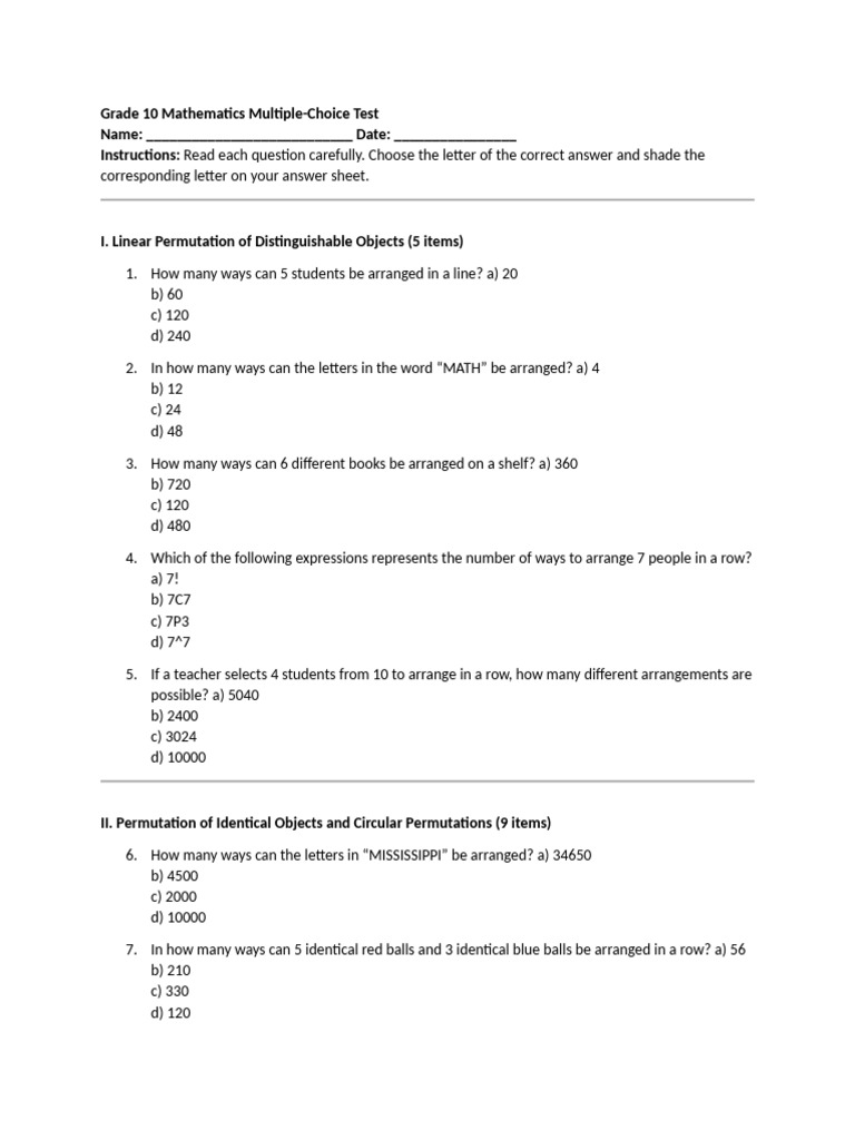 Grade 10 Mathematics Multiple | PDF | Permutation | Probability