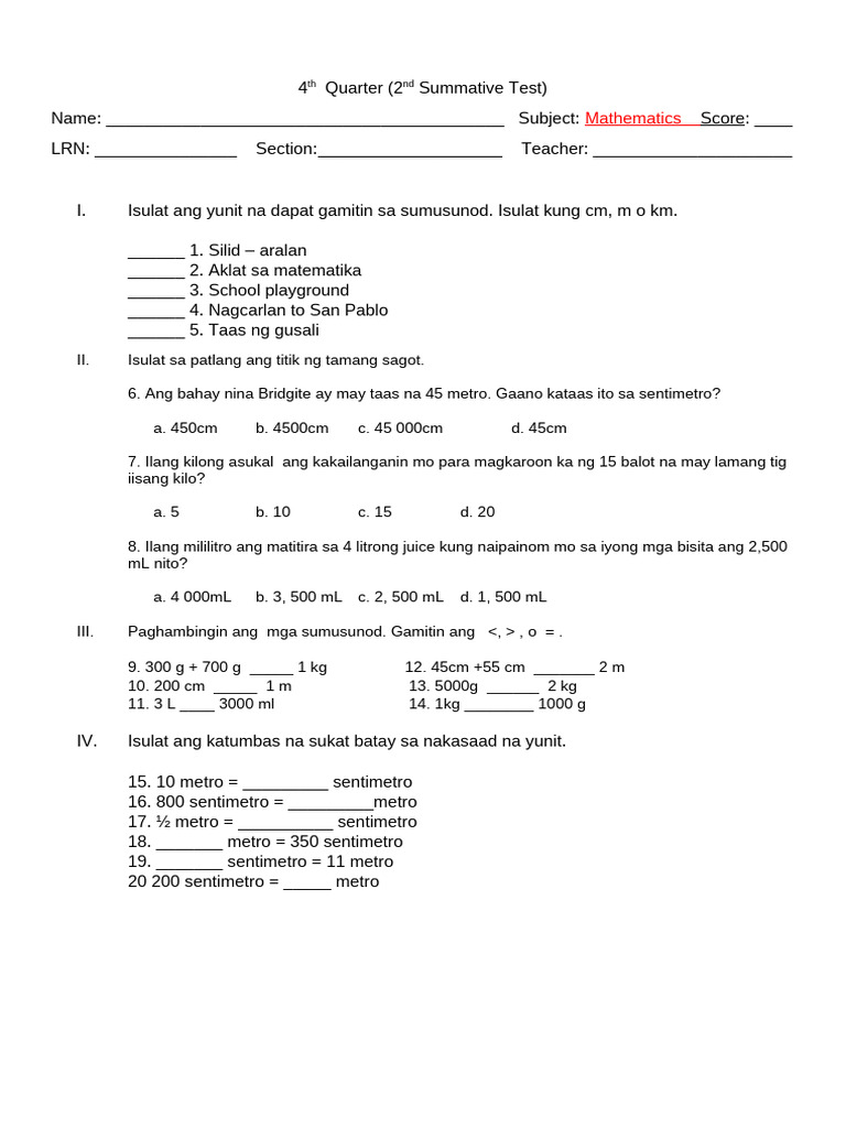 MATHEMATICS-3-Q4 2ND Summative | PDF