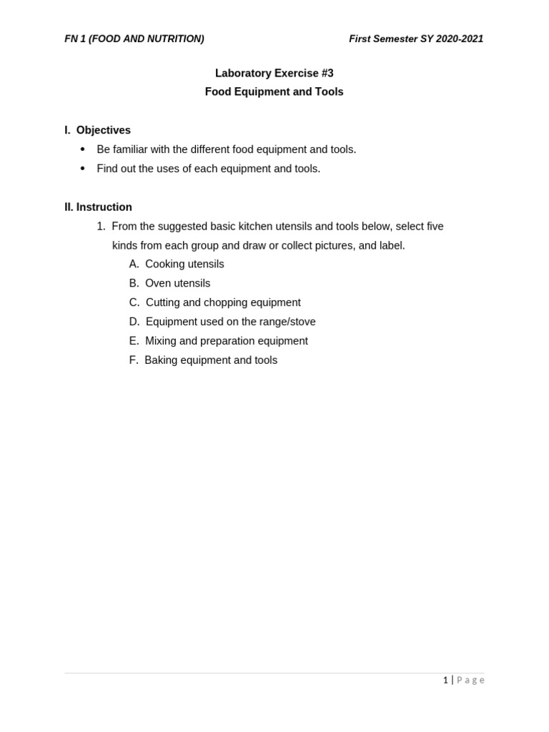 Laboratory Exercise #3 Food Equipment and Tools | PDF