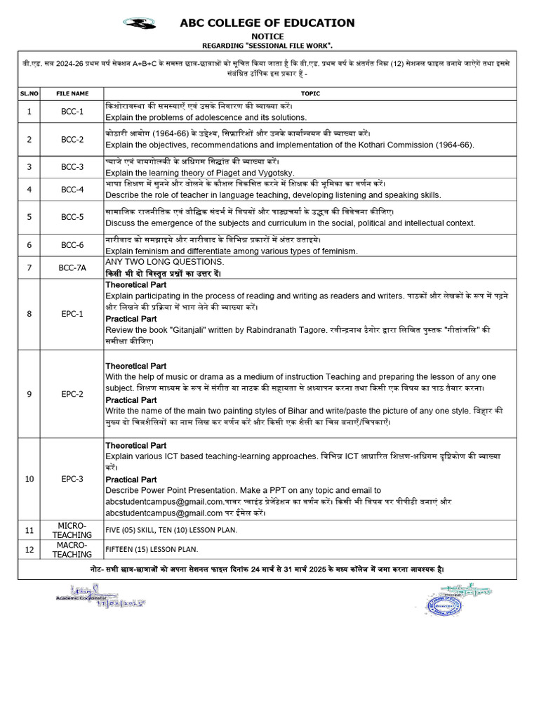 B.ed. Sessional File Work 2024-26 First Year | PDF