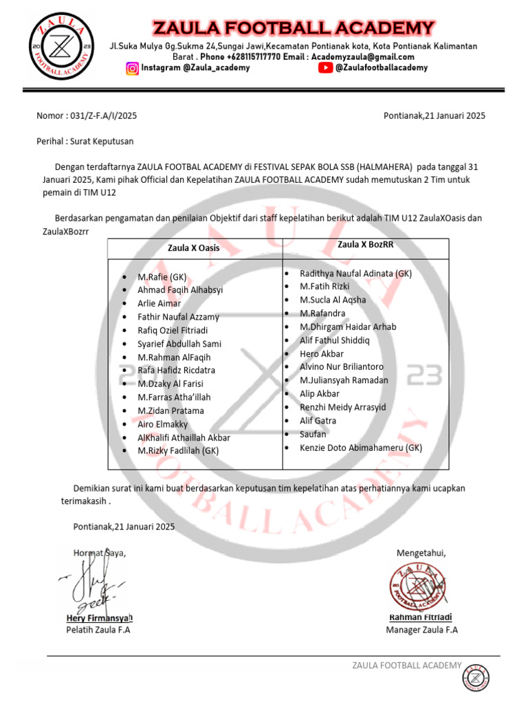 Surat Keputusan Halmahera Festival U12 | PDF