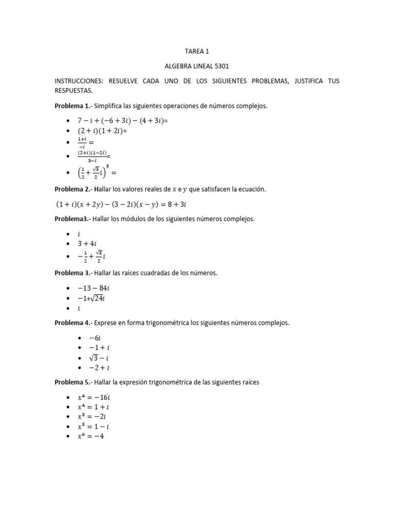 Problemas de Números Complejos en Álgebra | PDF