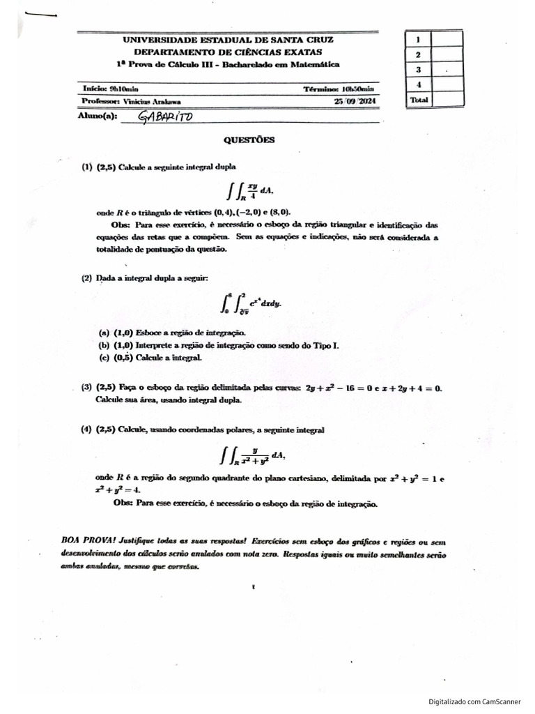 Gabarito - Av1 - Cálculo 3 - Bacharelado Matemática (2024.2) | PDF