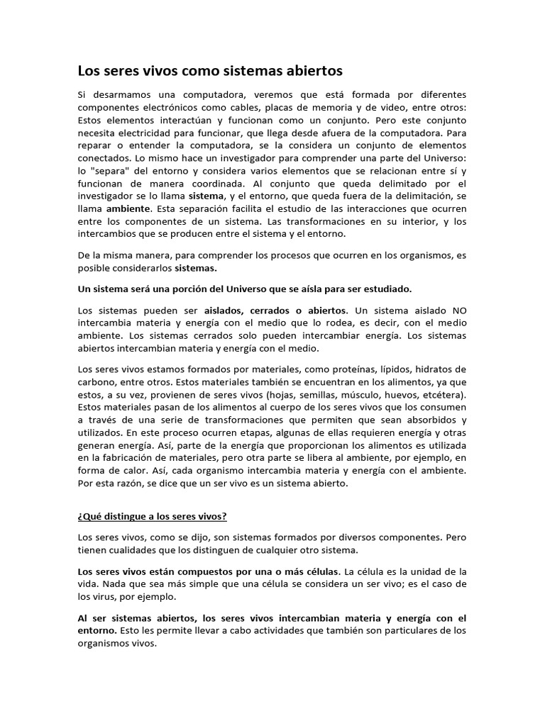 Seres Vivos: Sistemas Abiertos y Funciones | PDF | Biología Celular ...