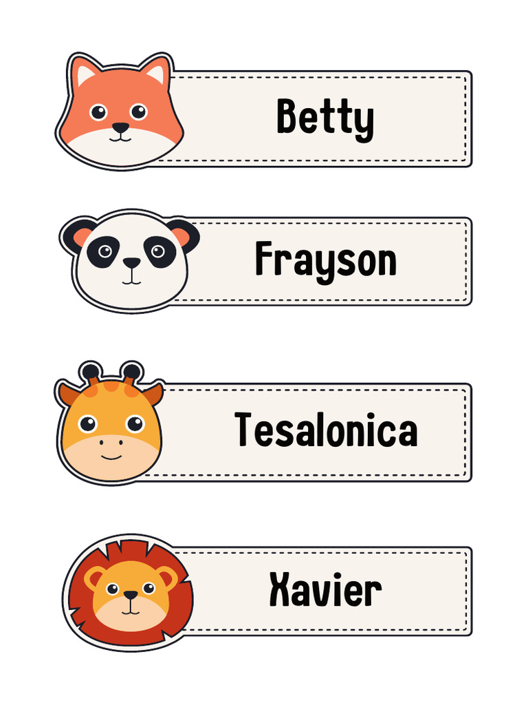 Student Name Label in Colorful Cartoon Animal Illustration Style | PDF