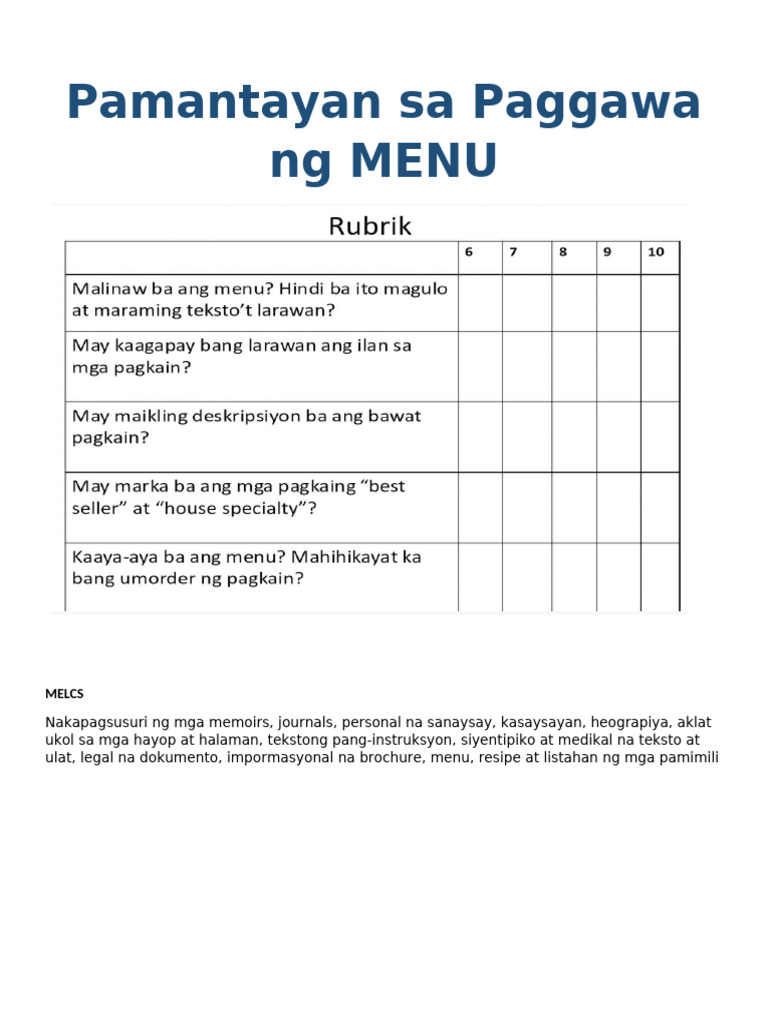 Pamantayan Sa Paggawa NG MENU | PDF
