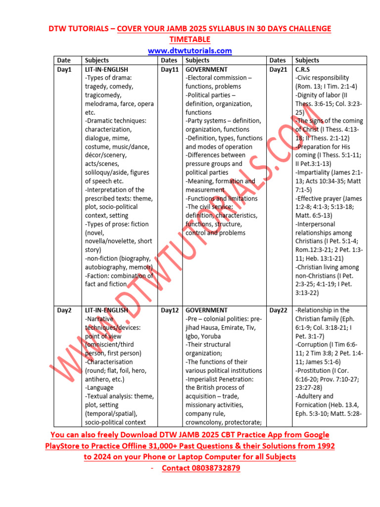 Govt-crs-lit-Eng - Jamb 30 Days Timetable Challenge by Dtw Tutorials - Jamb 2025 | PDF | Poetry ...