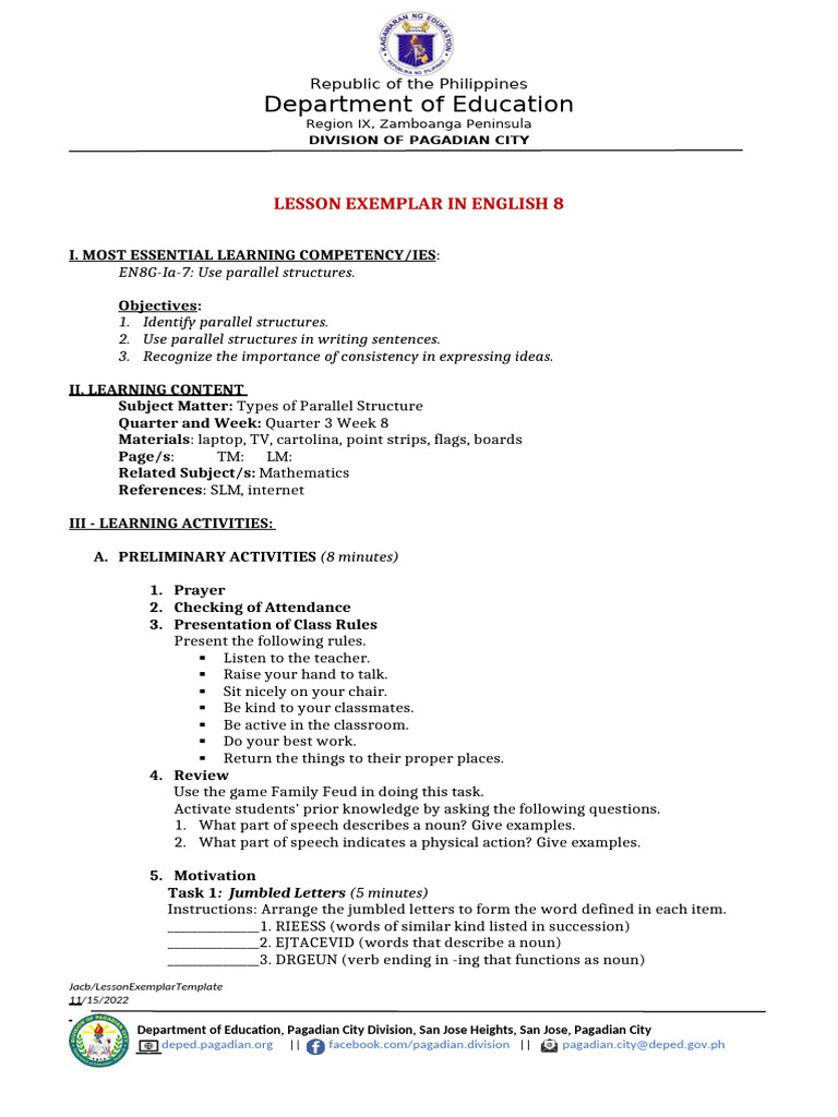 G8 Lesson Exemplar Parallelstructure | PDF | Question | Grammar