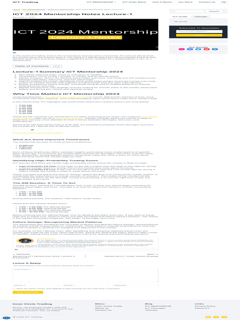 ICT 2024 Mentorship Lecture 1 Notes | PDF | Market Trend | Financial ...